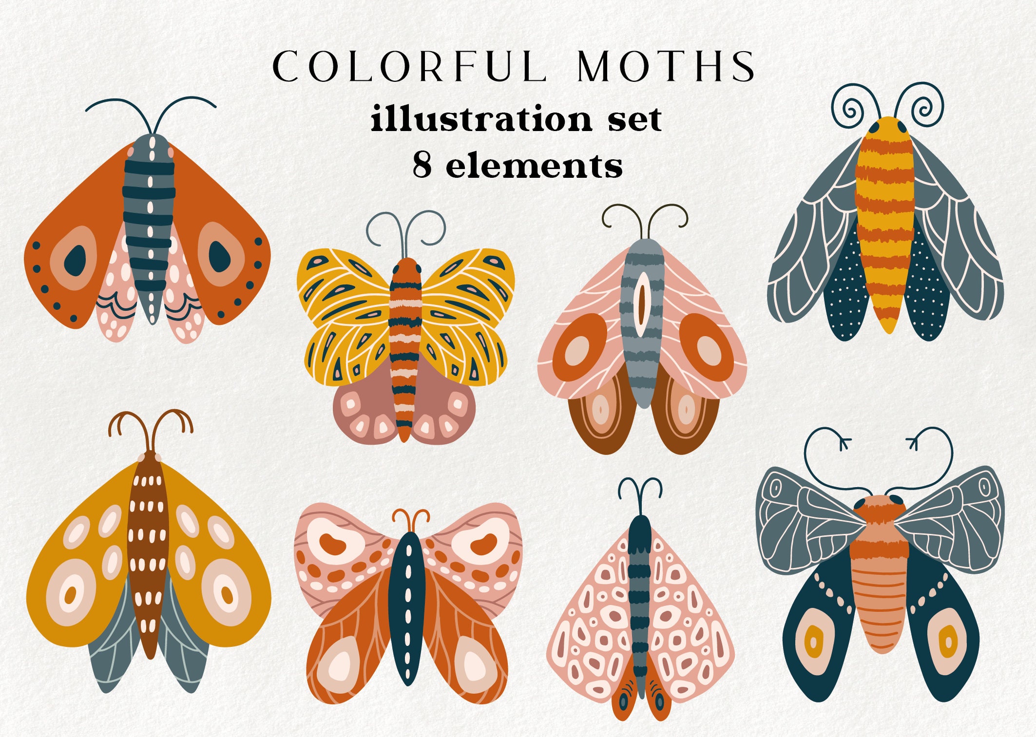 Colorful Moth Clip Art - Modern Hand Drawn Moth Clipart, Doodle Insect ...