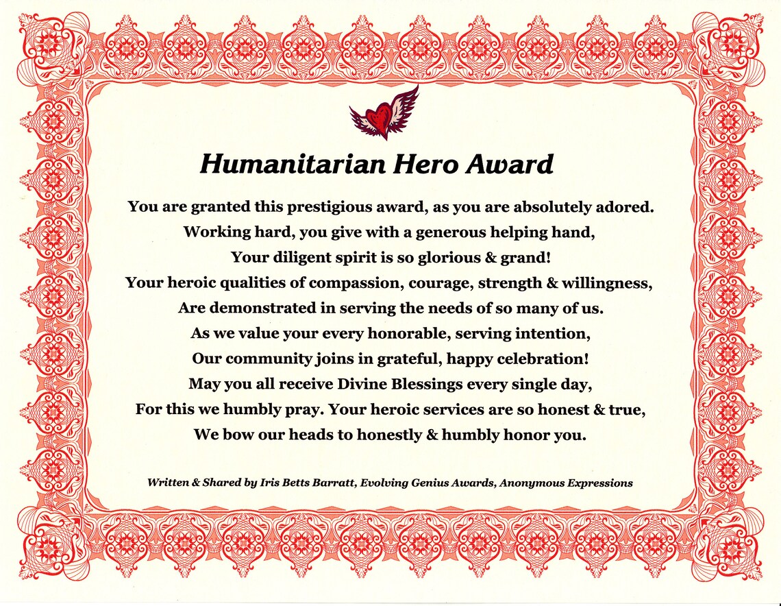 Humanitarian Hero Award Award Party Favor Volunteer Award | Etsy
