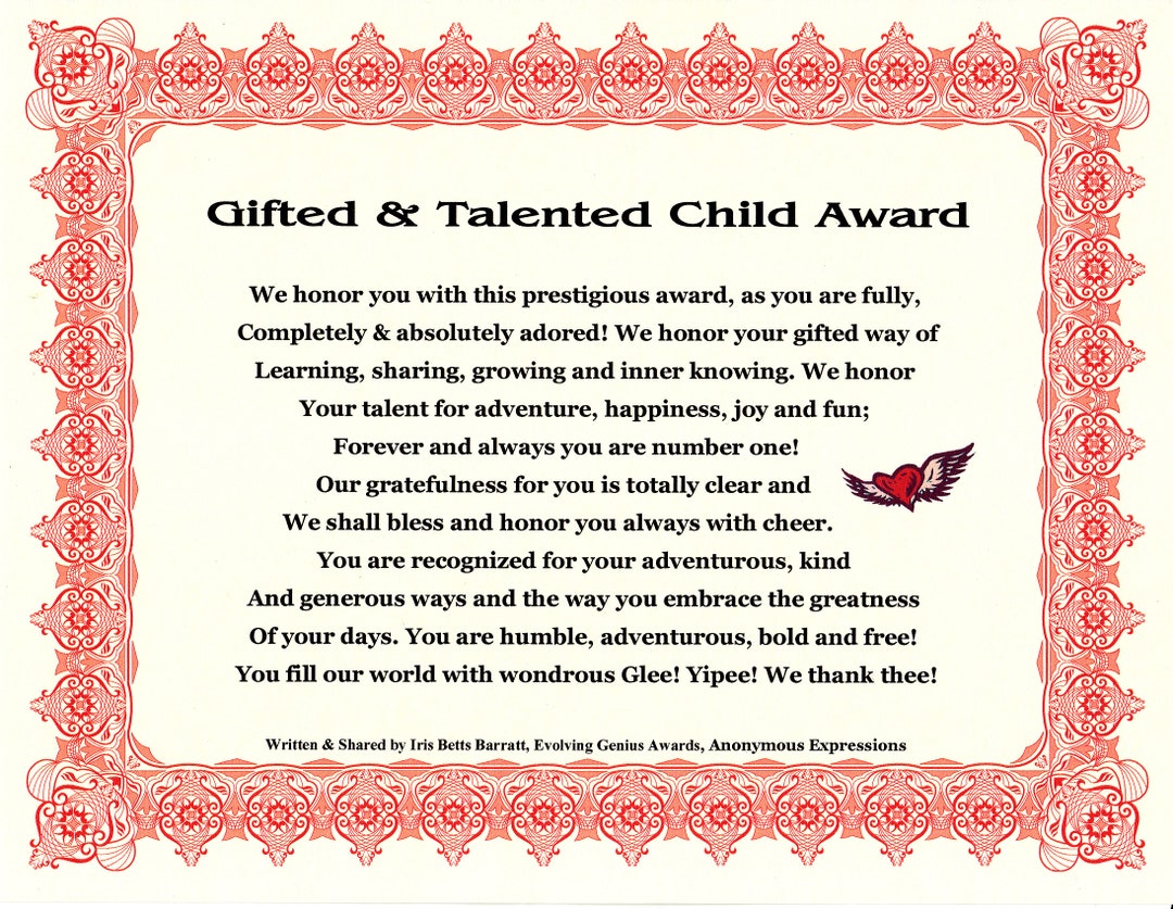 Gifted, Talented Child Award, Kids Award, Appreciation Award, Kids ...