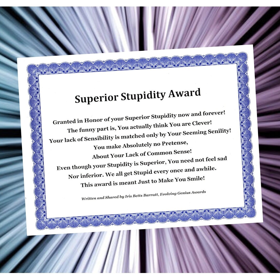 Superior Stupidity Award, Gag Gift Award, Anonymous Prank, Personal ...