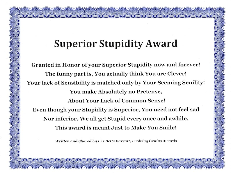 Superior Stupidity Awards, Gag Gift Award, Funny Anonymous Prank ...