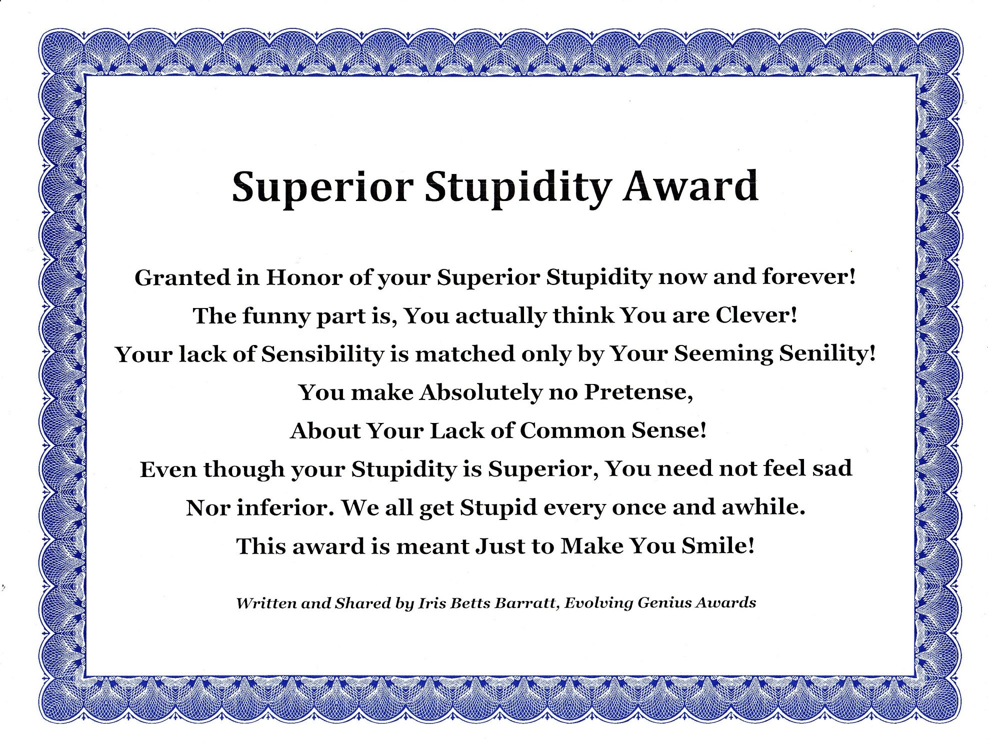 Superior Stupidity Award, Gag Gift Award, Anonymous Prank, Personal ...