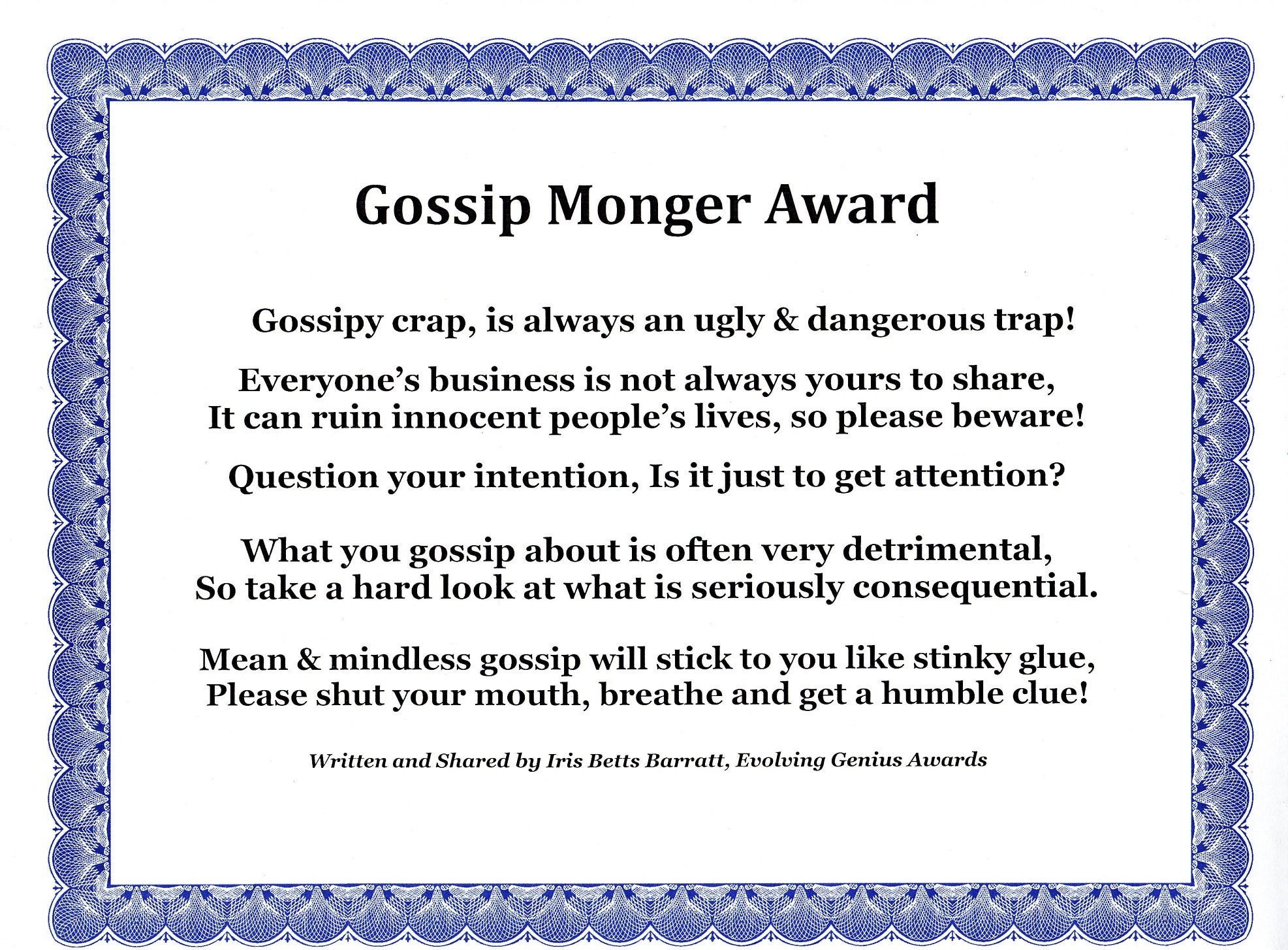 Gossip Monger Awards, Funny Award for Coworker, Joke Gift for Women ...