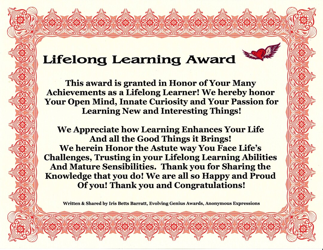 Lifelong Learning Award, Appreciation Award, Award Party Favors, Family ...