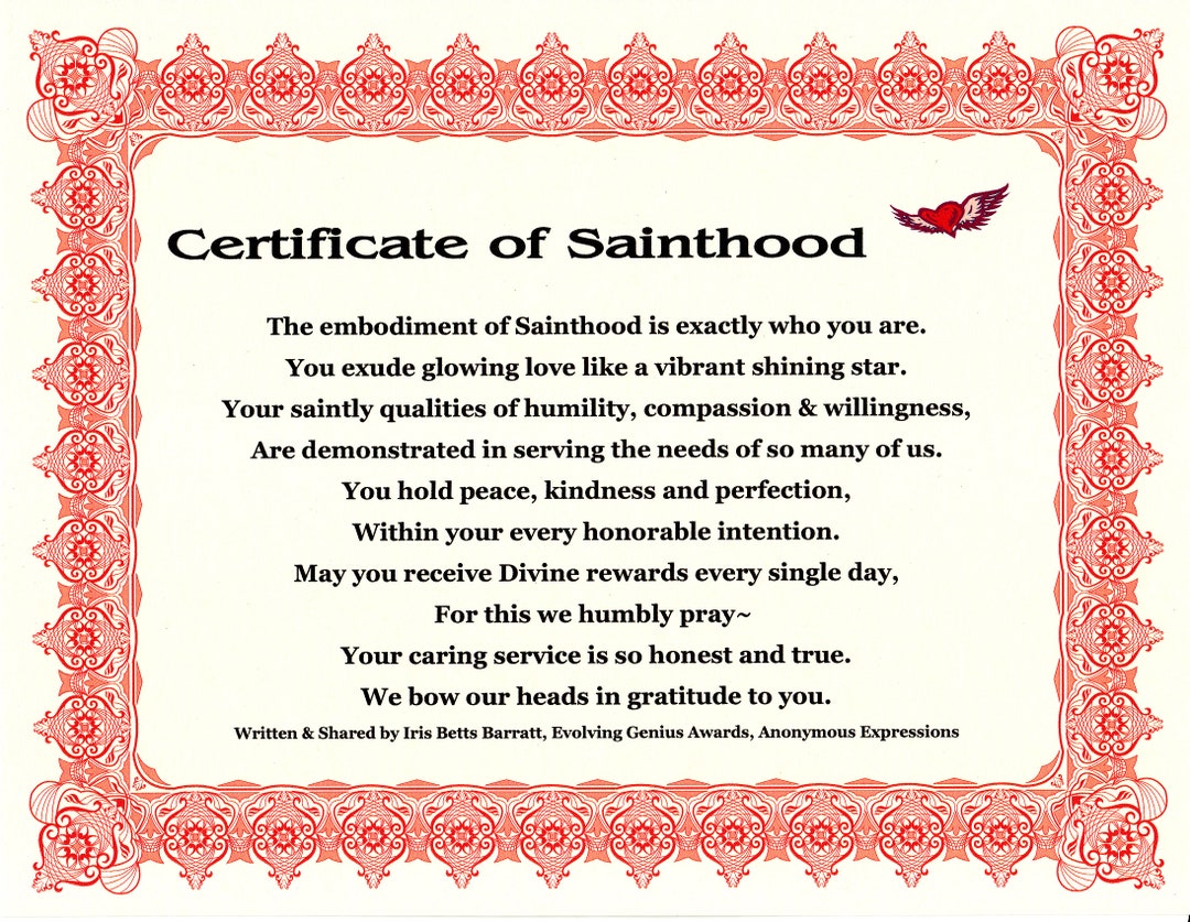 Certificate of Sainthoods, Appreciation Gift, Mother Gift, Volunteer ...