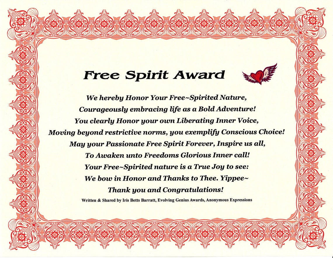 Free Spirit Award, Appreciation Award, Award Party Favors, Family Award ...