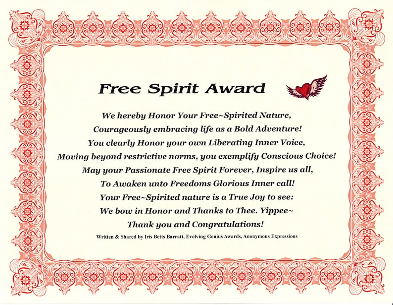 Free Spirit Award, Appreciation Award, Award Party Favors, Family Award ...