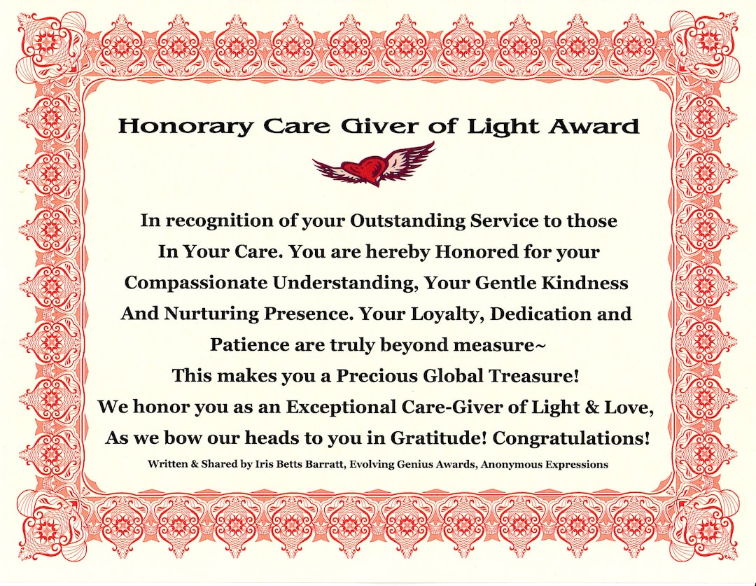 Honorary Care Giver Award, Appreciation Award, Award Party Favors ...