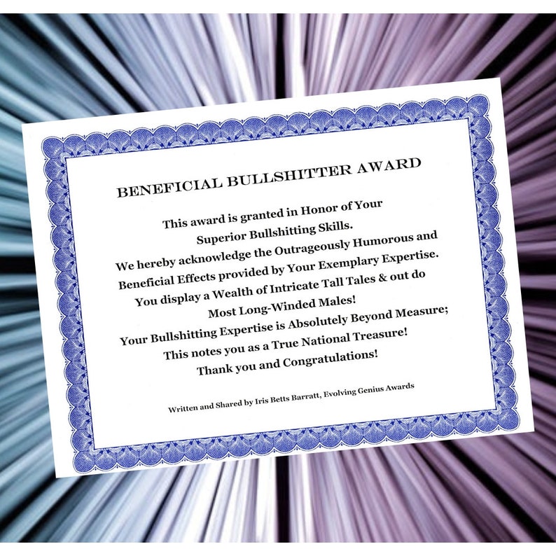 Beneficial Bullshitter Award, Prank Gift Award, Joke Awards, Funny ...