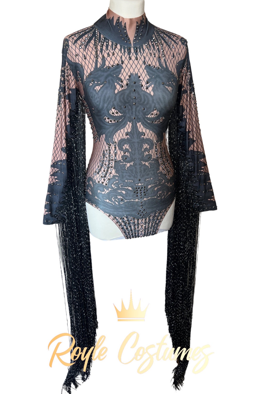 Black Lace Rhinestone Long Tassel Bodysuit for Dance Costume & Circus ...