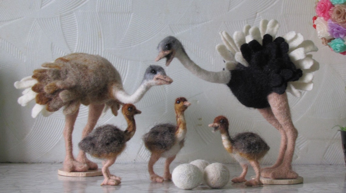 Ostrich Family. Felted Ostriches Made of Wool | Etsy