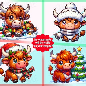 Christmas Highland Cow Cartoon Clipart Bundle | Christmas PNG | Cartoon ...