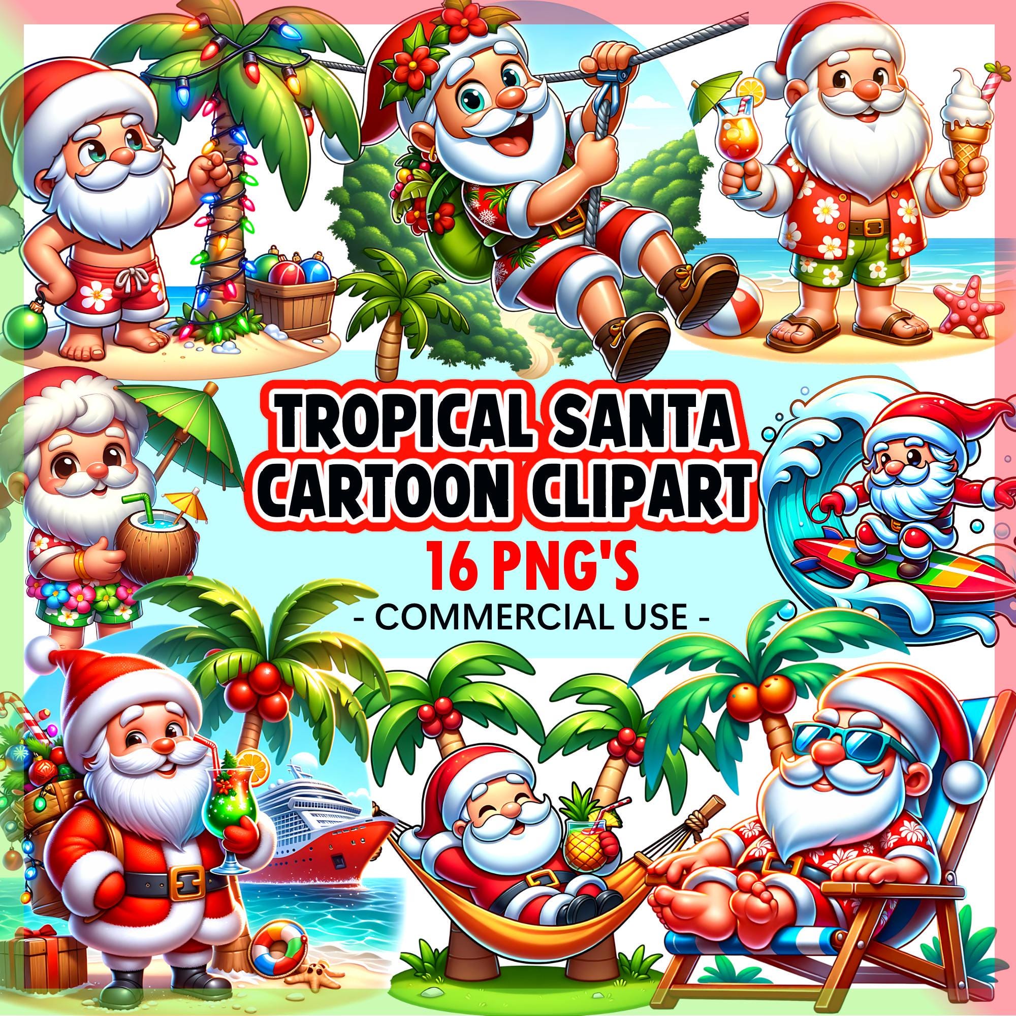 Tropical Santa Cartoon Clipart Bundle Christmas PNG Cartoon Clipart ...