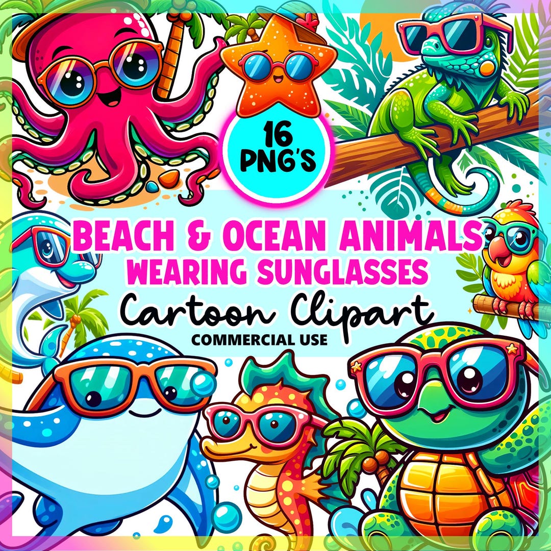 Cool Beach & Ocean Animals Clipart Bundle With Sunglasses | Summer ...