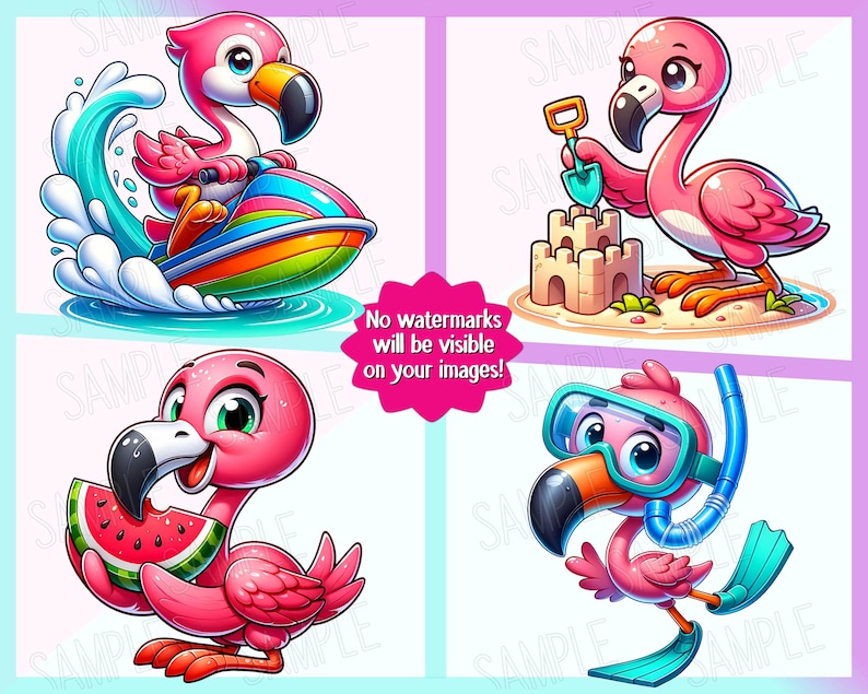 Cute Flamingo Cartoon Clipart PNG Bundle | Summer Flamingo Clipart ...
