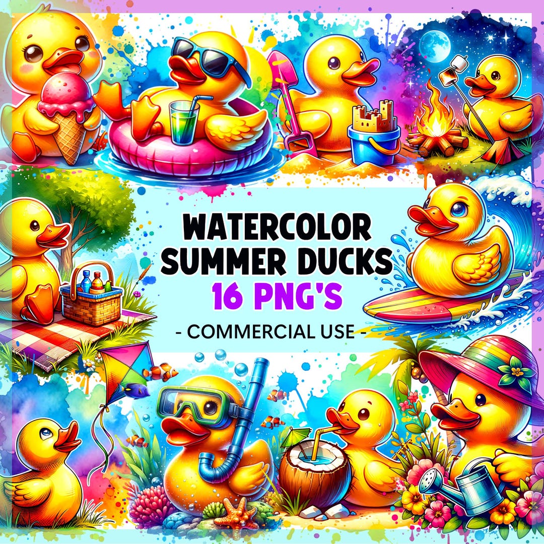 Cute Summer Watercolor Rubber Duck Clipart Bundle | Cruising Ducks PNG ...