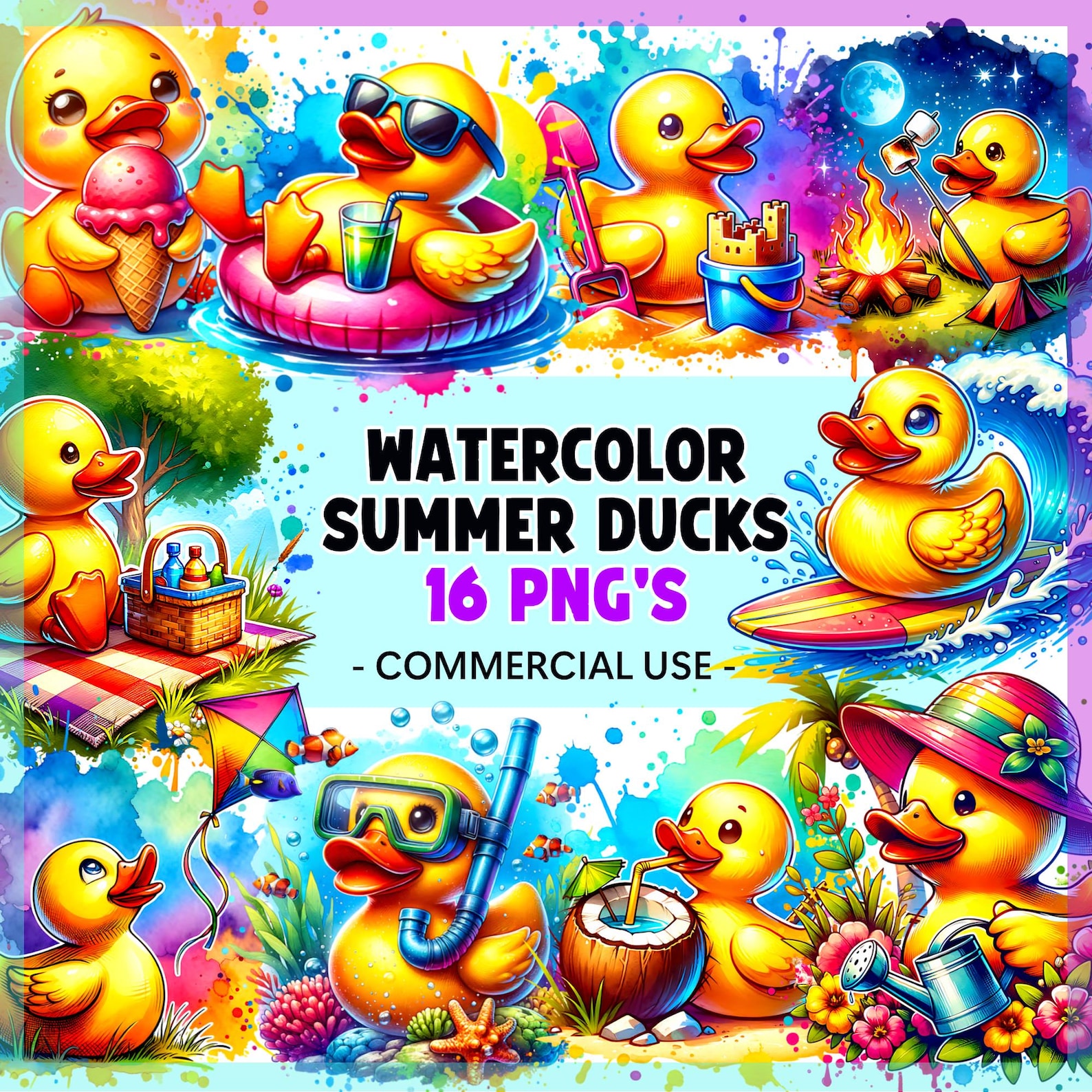 Cute Summer Watercolor Rubber Duck Clipart Bundle | Cruising Ducks PNG ...