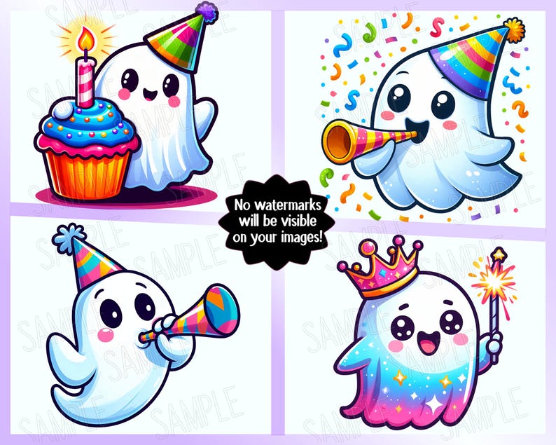 Cute Ghost Birthday Clipart PNG Bundle | Cartoon Ghosts With Balloons ...