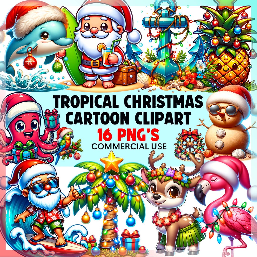 Tropical Cute Christmas Clipart Bundle | Christmas PNG | Cartoon ...