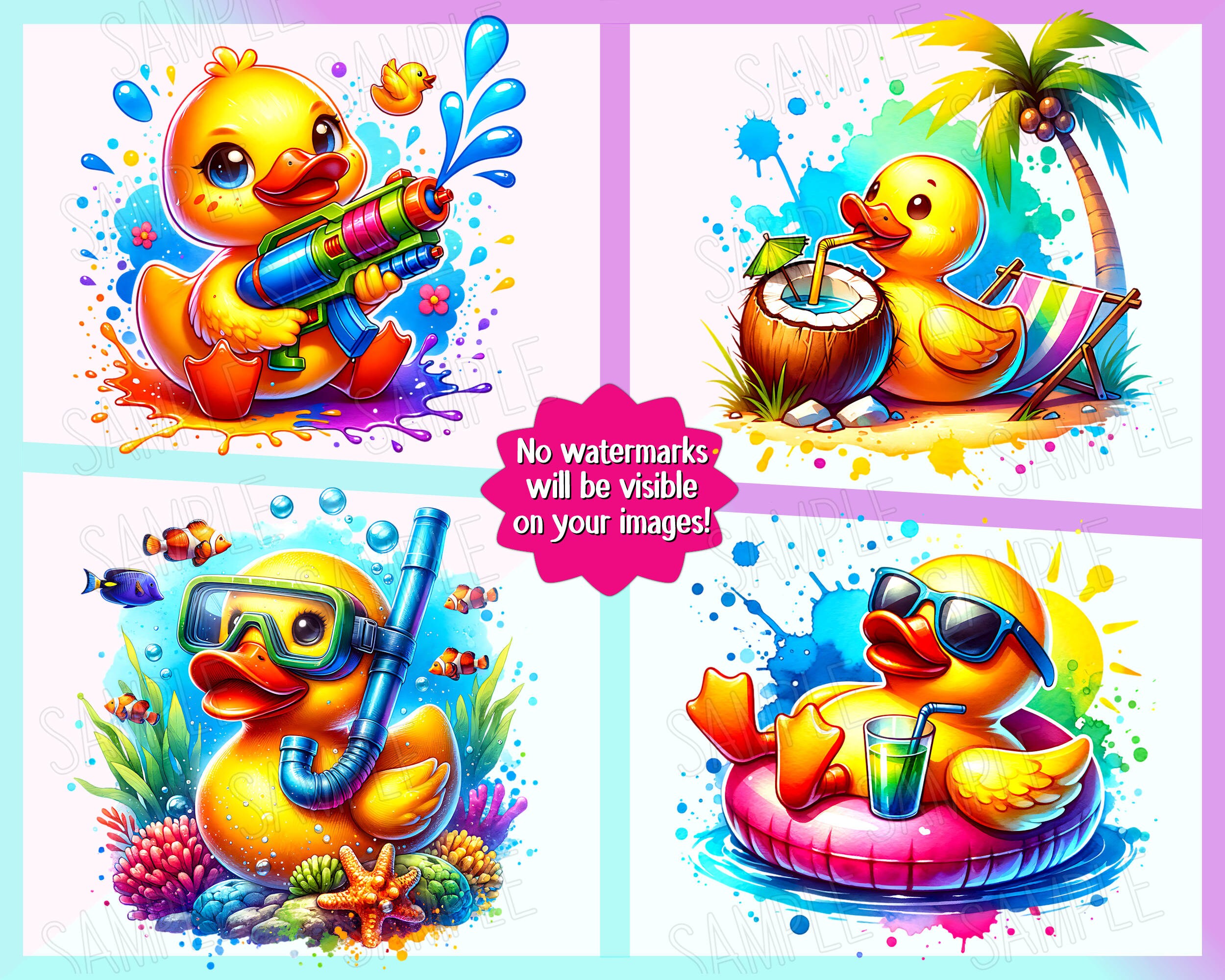 Cute Summer Watercolor Rubber Duck Clipart Bundle | Cruising Ducks PNG ...