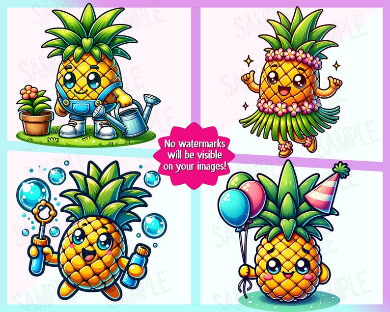 Cute Pineapple Cartoon Clipart PNG Bundle | Summer Pineapple Clipart ...