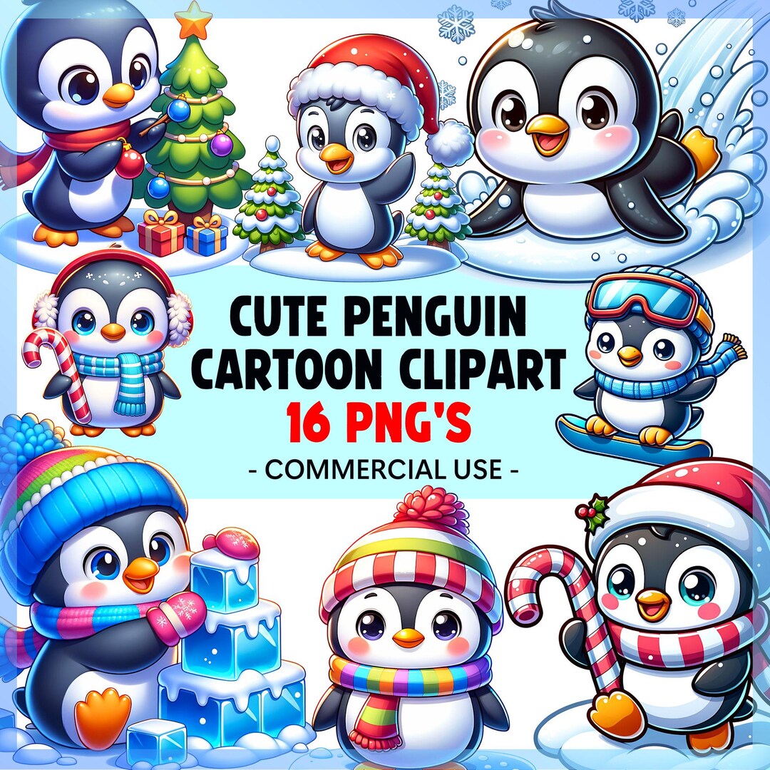 Holiday Cute Penguin Cartoon Clipart Bundle | Christmas PNG | Cartoon ...