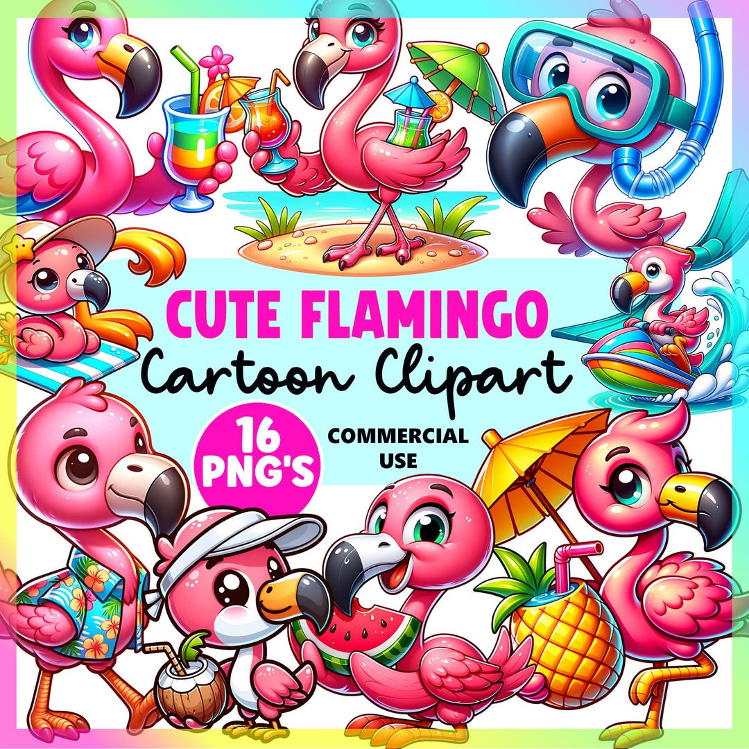 Cute Flamingo Cartoon Clipart PNG Bundle | Summer Flamingo Clipart ...