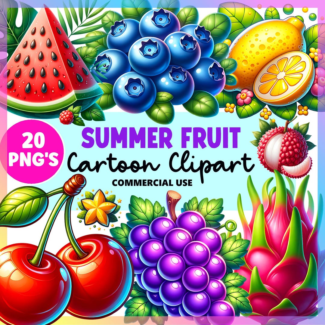 Summer Fruit Cartoon Clipart PNG Bundle | Summer Clipart | Cherries ...