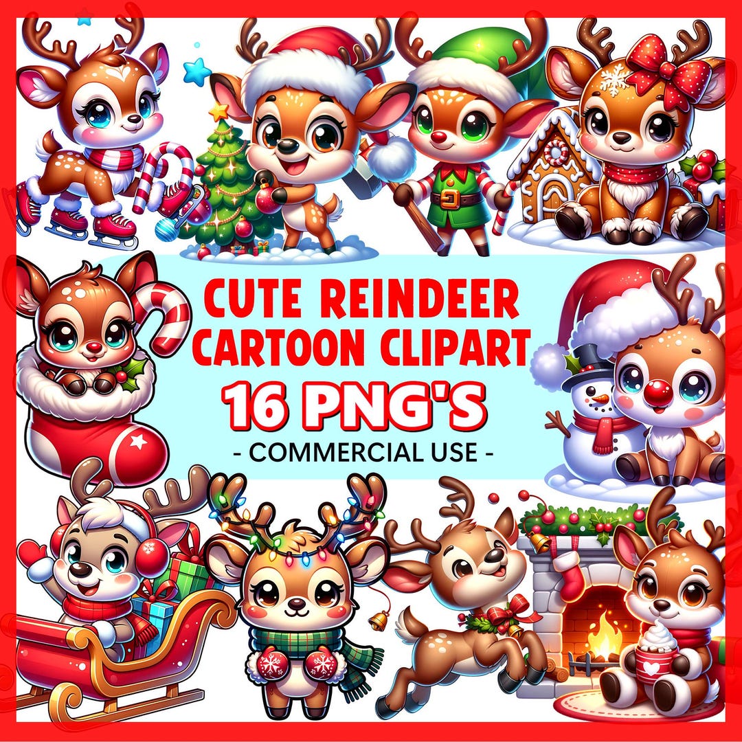 Cute Christmas Reindeer Clipart Bundle | Christmas PNG | Cartoon ...