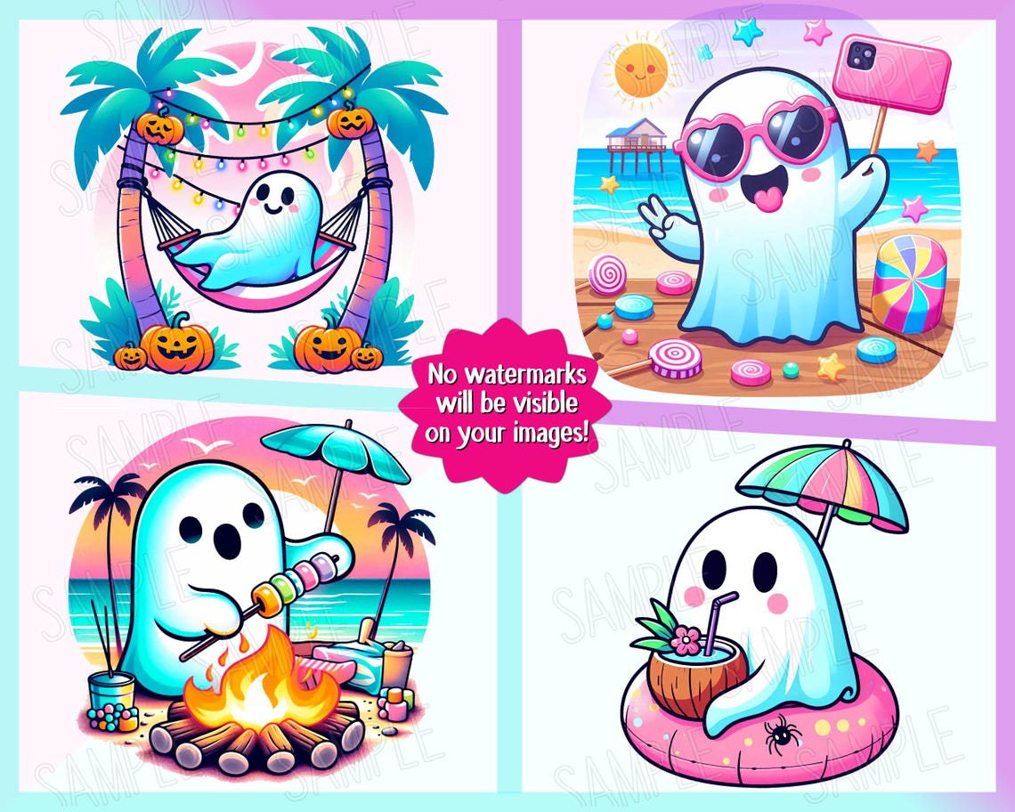Cartoon Summer Pastel Ghost Clipart | Tropical Ghost Pngs | Cute ...