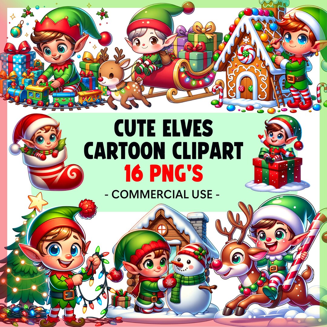Cute Christmas Elves Clipart Bundle | Christmas PNG | Cartoon Clipart ...