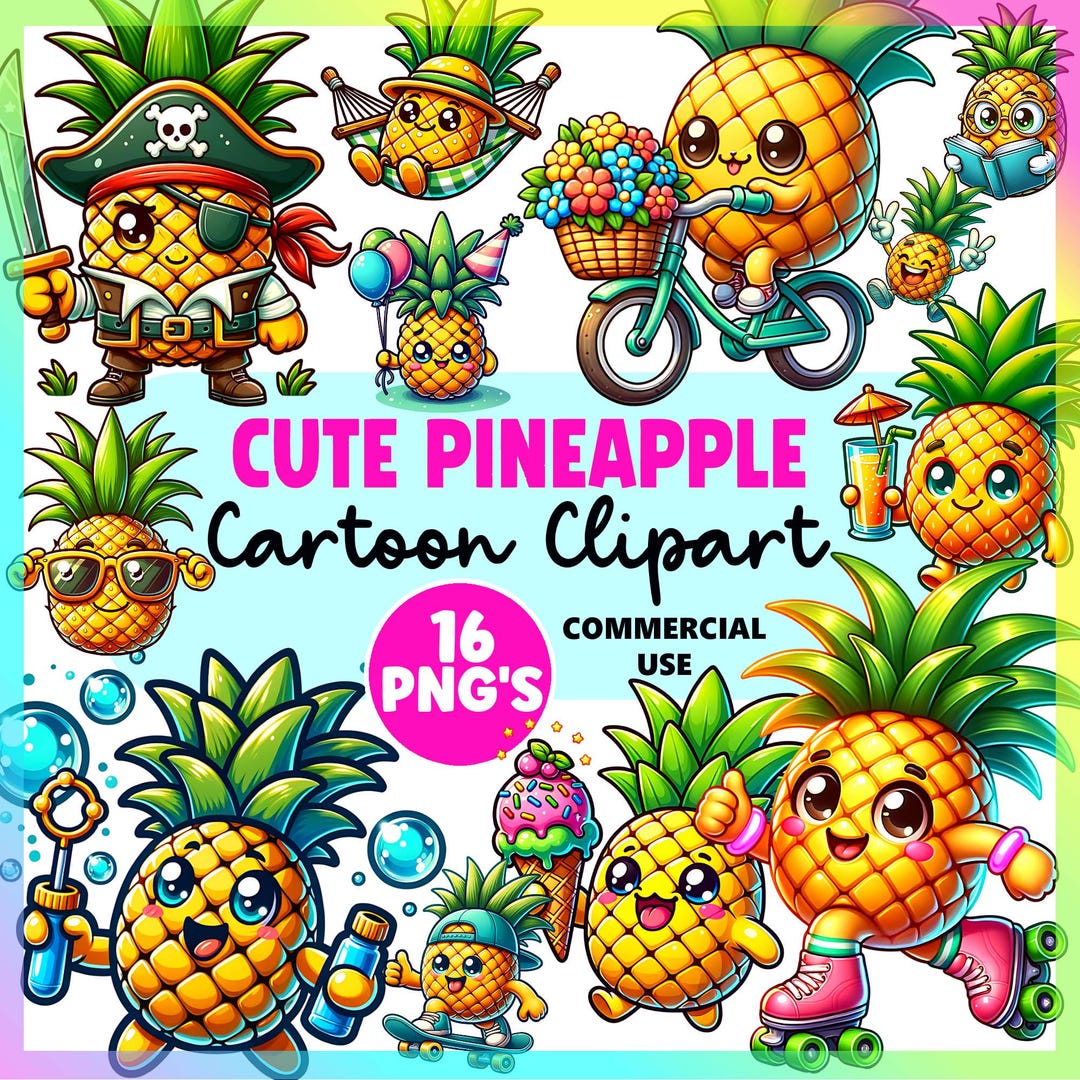 Cute Pineapple Cartoon Clipart PNG Bundle | Summer Pineapple Clipart ...