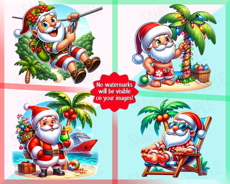 Tropical Santa Cartoon Clipart Bundle Christmas PNG Cartoon Clipart ...