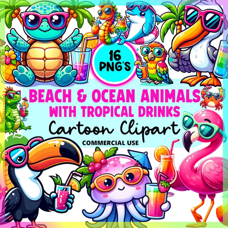 Cute Beach & Ocean Animals Clipart Bundle With Tropical Drinks | Summer ...