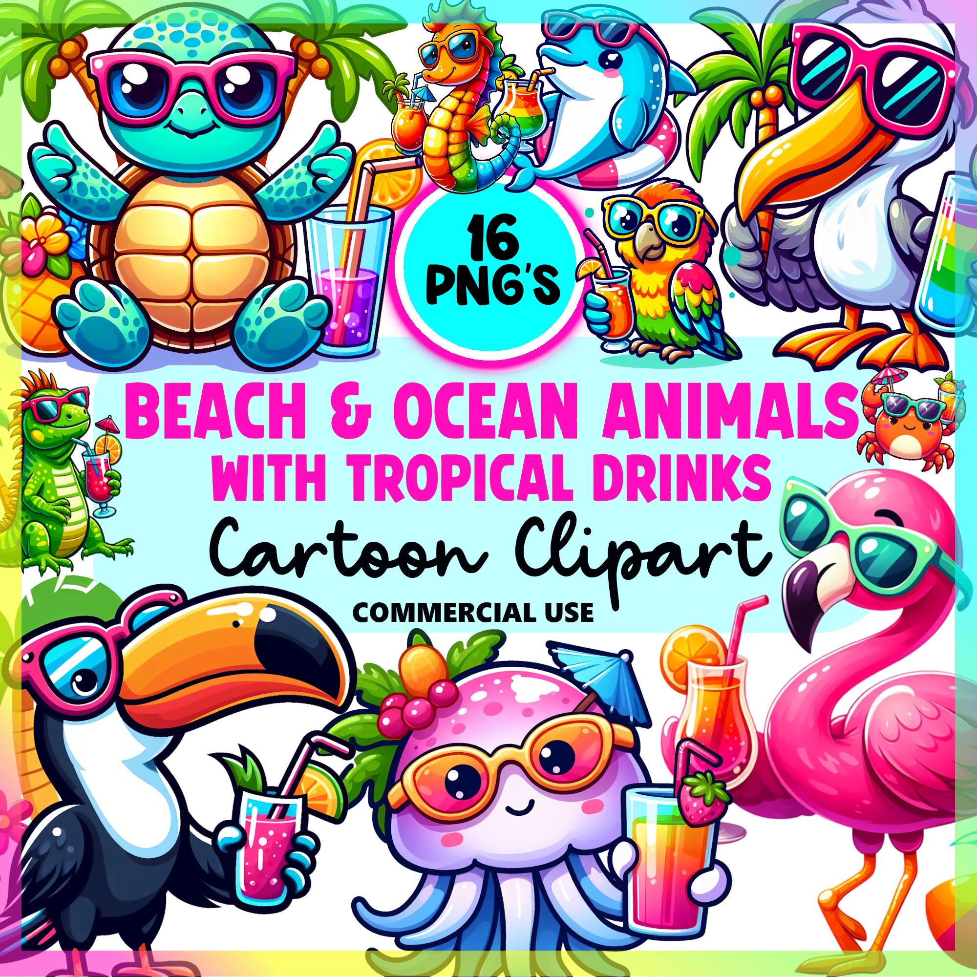 Cute Beach & Ocean Animals Clipart Bundle With Tropical Drinks | Summer ...