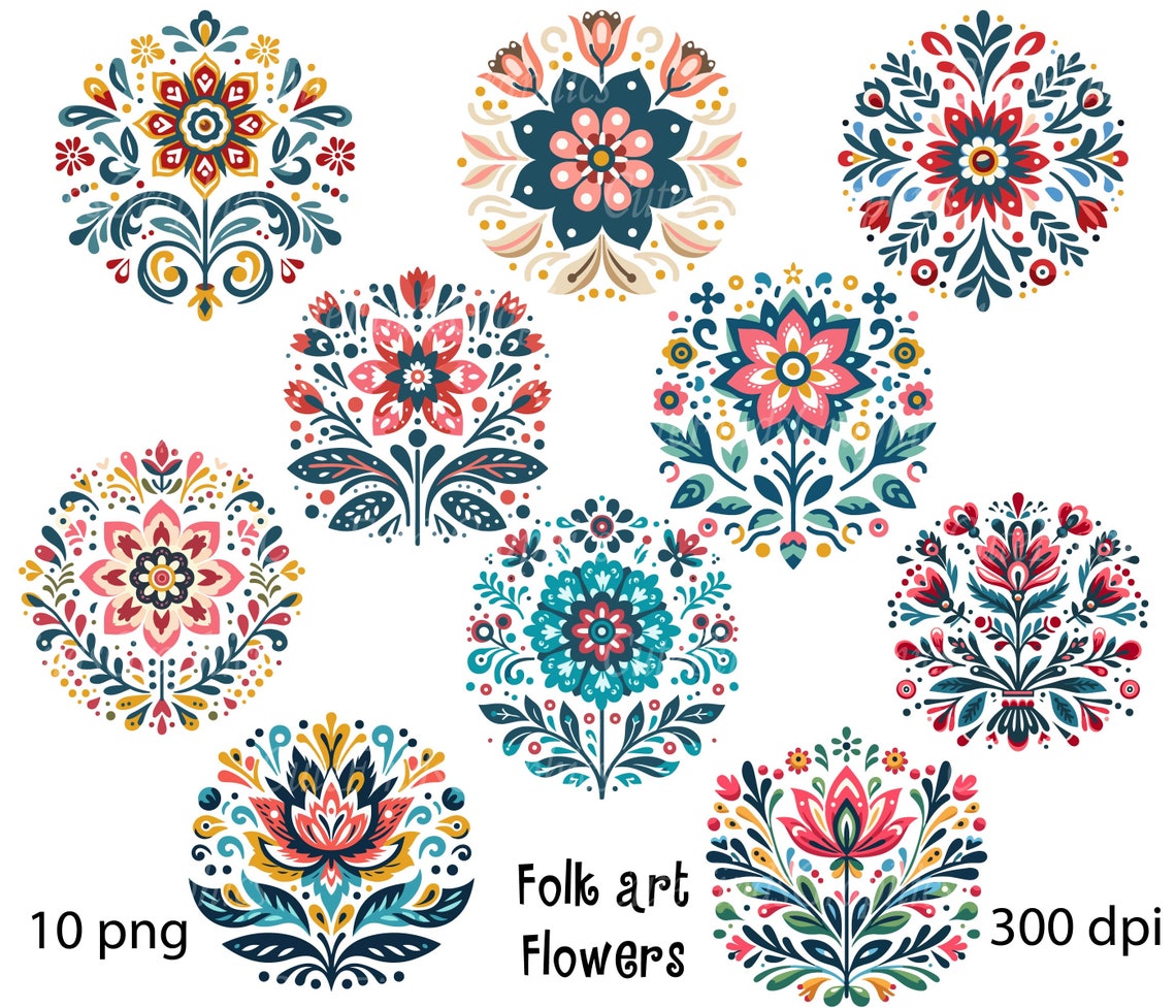 Folk Art Flower Clipart: Floral PNG Graphics (instant Download) - Etsy