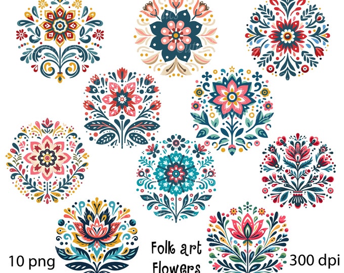 Folk Art Flower Clipart: Floral PNG Graphics (instant Download) - Etsy