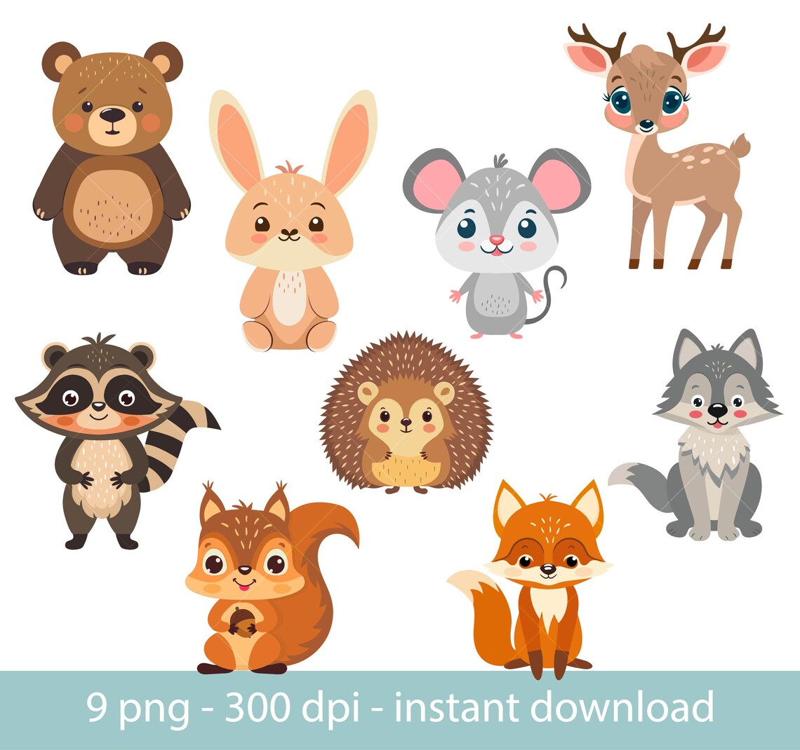 Cute Forest Animals PNG. PNG Animal Illustrations With Trees and ...