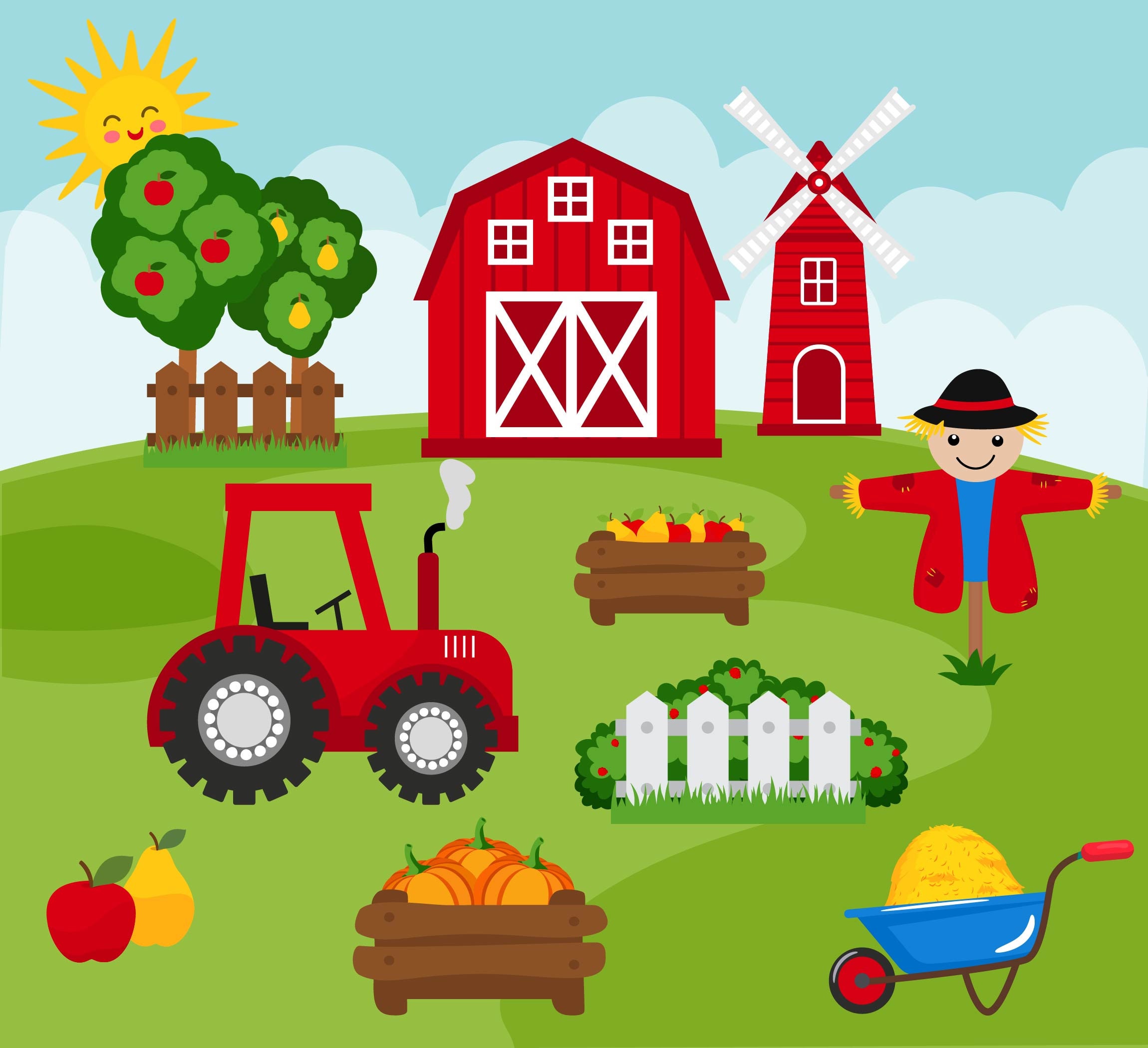 Digital Clipart Farm. Farm Animals. Farmers Boy and Girl. Digital ...