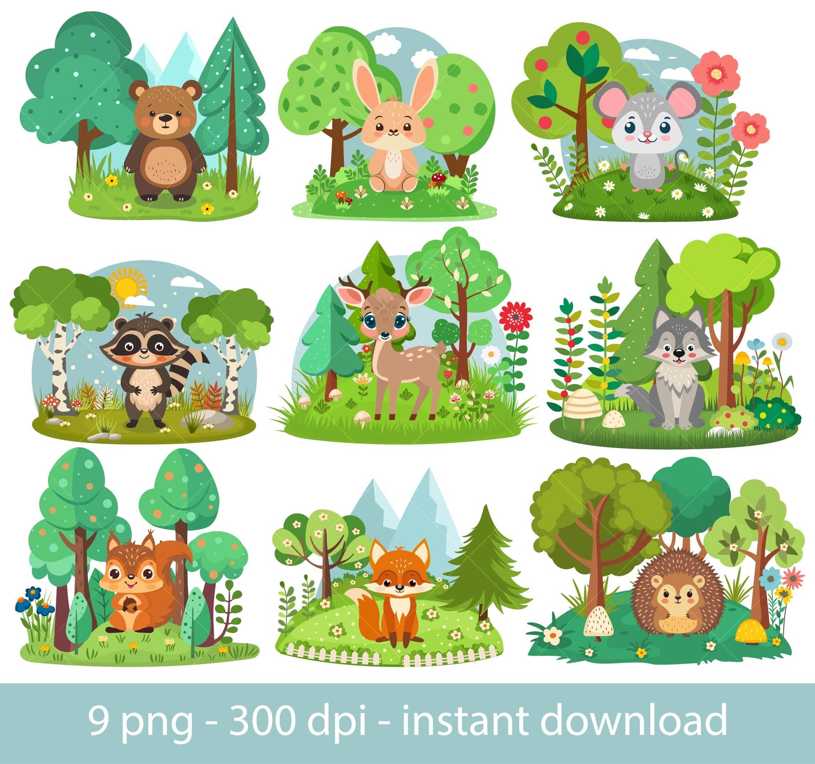 Cute Forest Animals PNG. PNG Animal Illustrations With Trees and ...