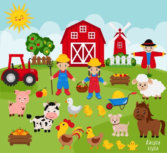 Digital Clipart Farm. Farm Animals. Farmers Boy and Girl. | Etsy