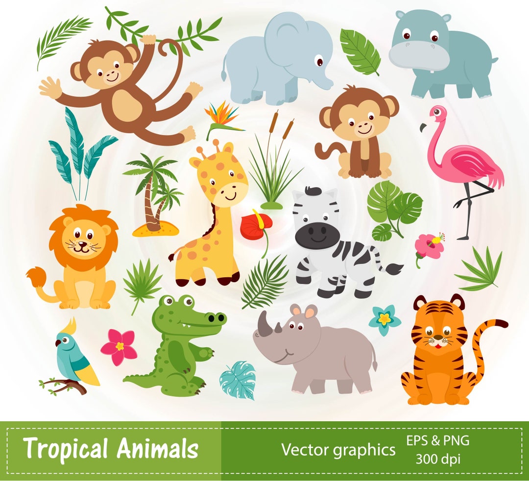 Vector Set of Cute Jungle Animals and Plants. Tropical Animals PNG ...