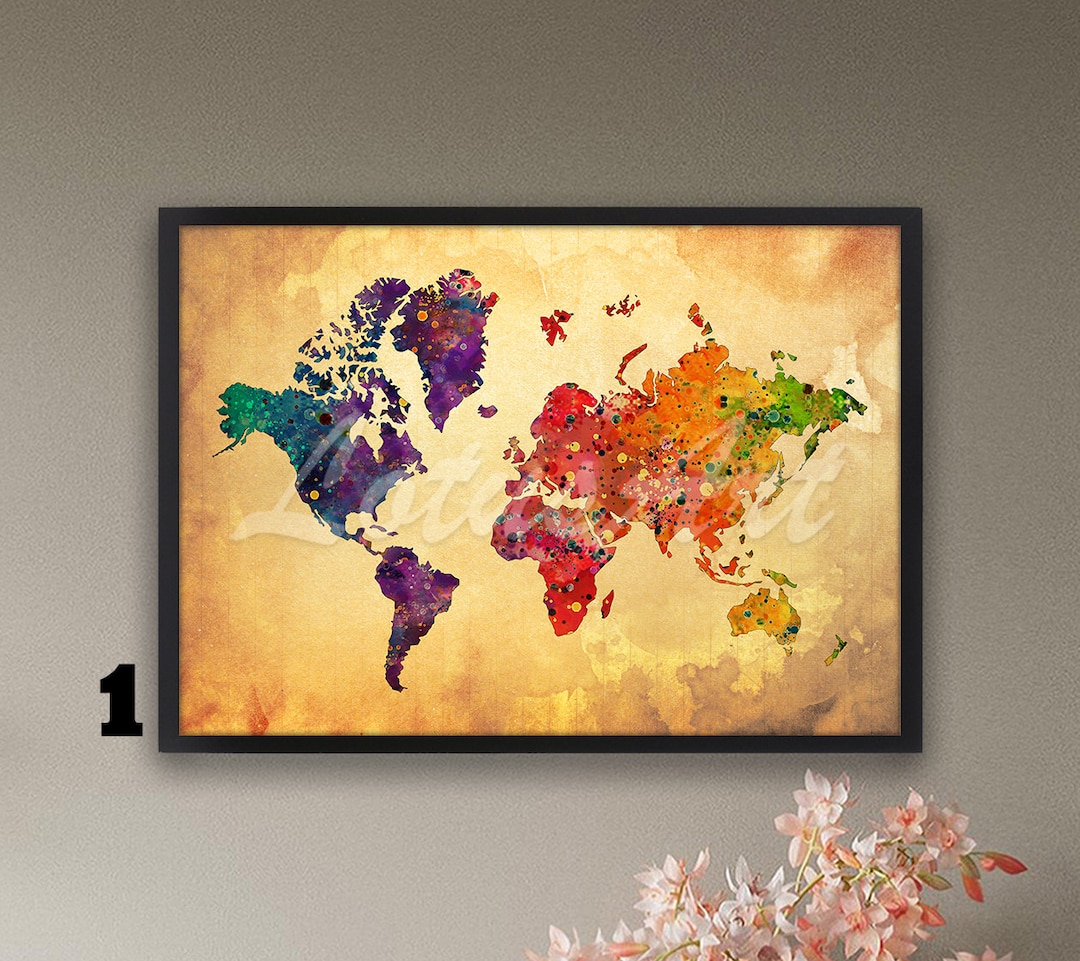 World Map Vintage Style Wall Art Watercolor Print Travel Map Poster ...