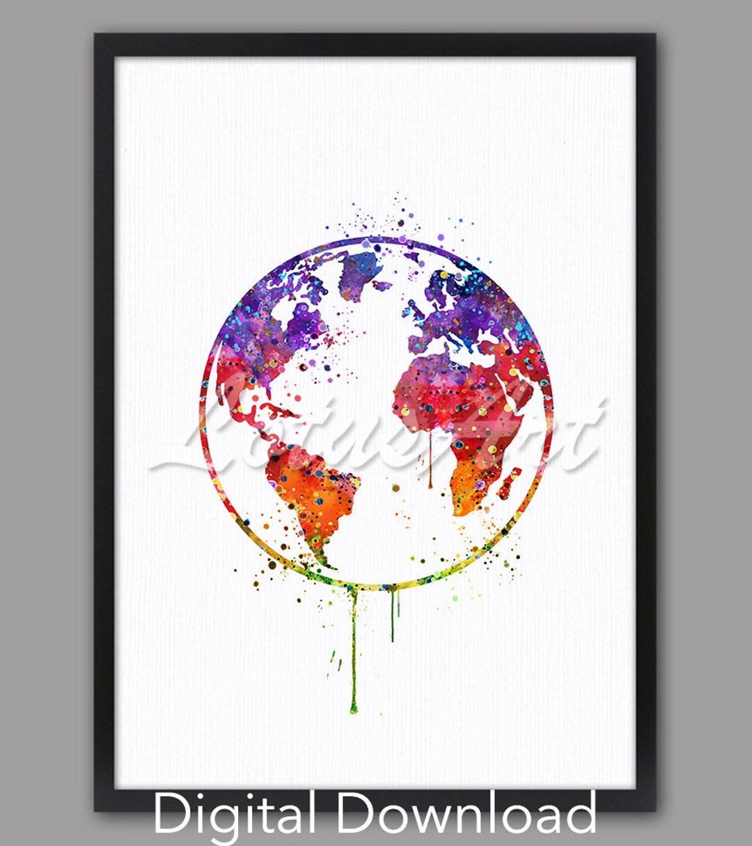Watercolor World Map Art Print: Planet Earth Illustration (digital ...