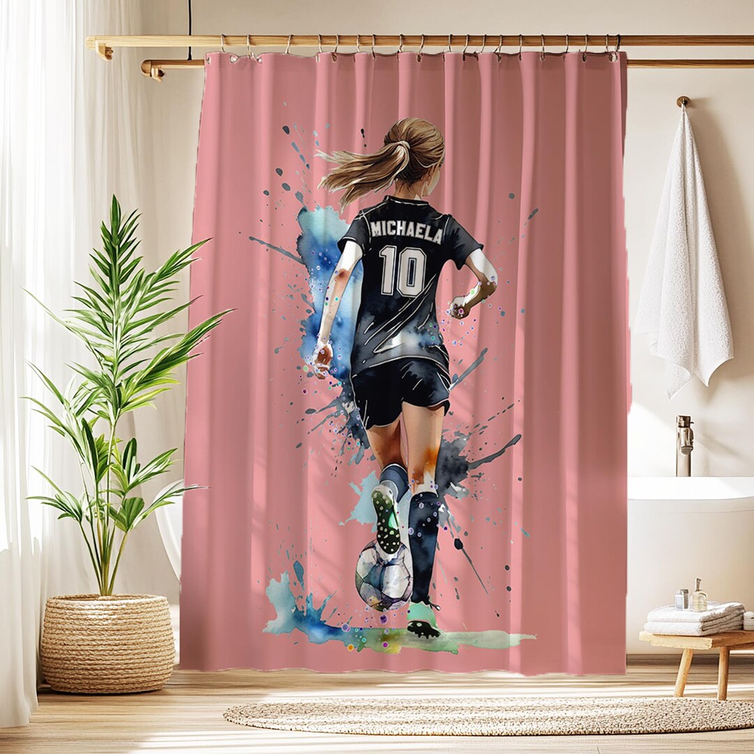 Personalized Girl Soccer Watercolor Shower Curtain: Custom Name ...