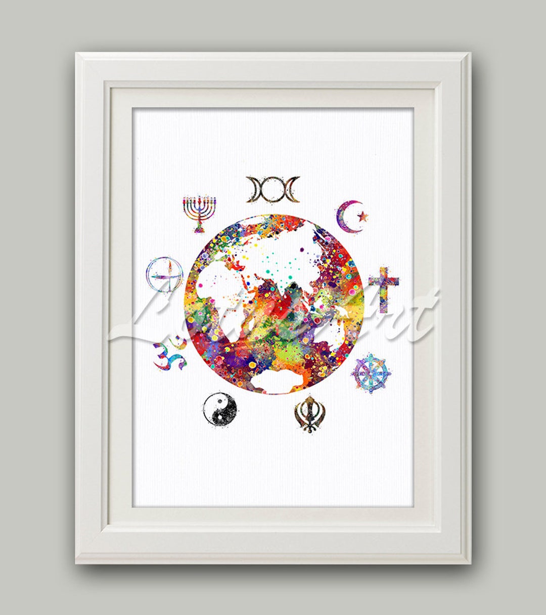 World Map Wall Art Sacred Symbols Watercolor Print Religious - Etsy