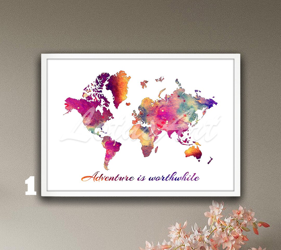 World Map Quote Wall Art Watercolor Print Travel Poster Living Room ...