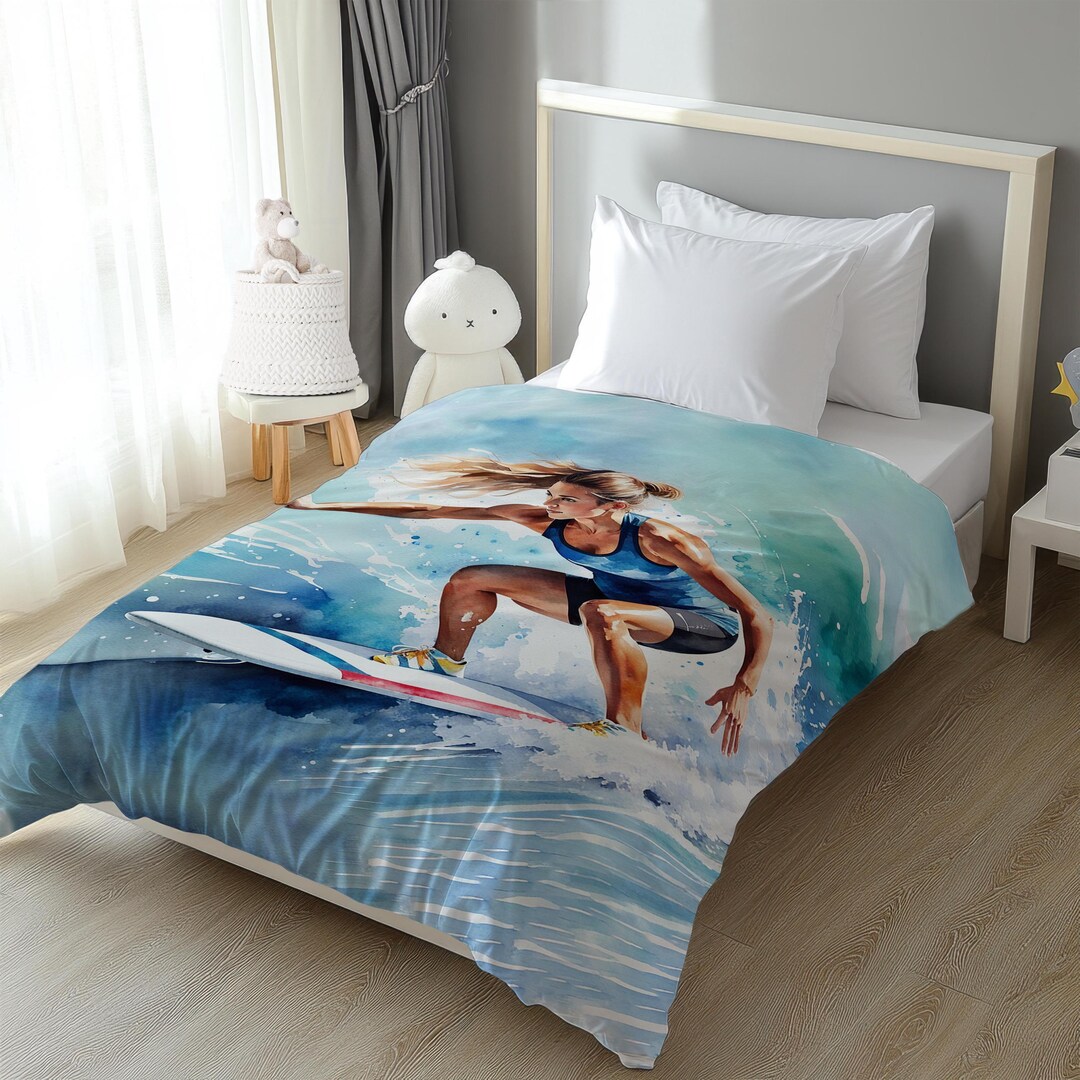Surfing Girl Comforter: Watercolor Surf Bedding, Coastal Bedroom Decor ...