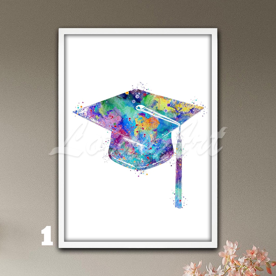 Graduation Cap Watercolor Print University High School College Poster ...