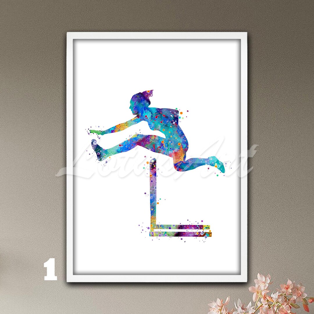 Girl Jumping Over A Hurdles Wall Art Watercolor Print, Girl Running ...